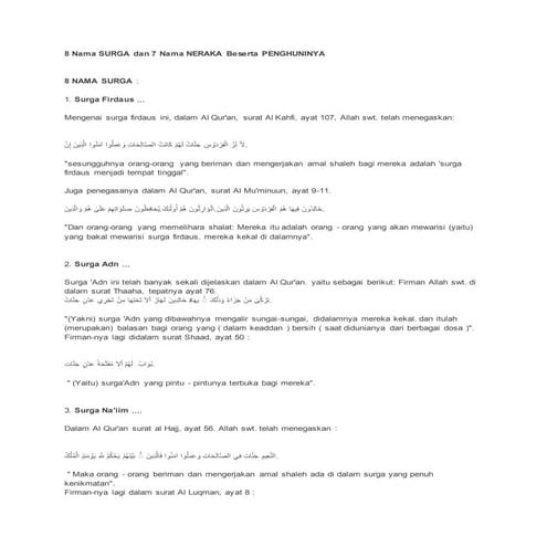 8 nama surga dan 7 nama neraka beserta penghuninya | DOCX