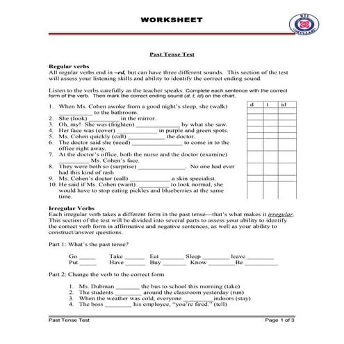 8 past tense test | DOC | Educational Assessment | Education