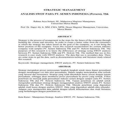 8, SM, Rahma Arya S, Hapzi Ali, Strategic Management: SWOT Analysis pada PT. Semen Indonesia ...