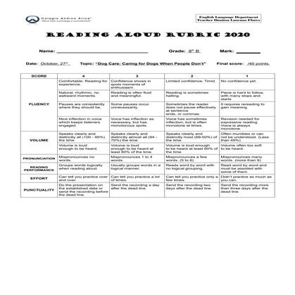 Reading Aloud Rubric Evaluation 2020 | PDF