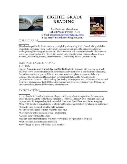 Eighth grade reading syllabus | PDF