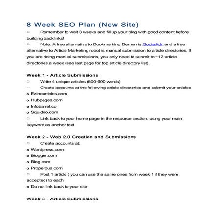 8 week seo plan | DOC | Search | Internet