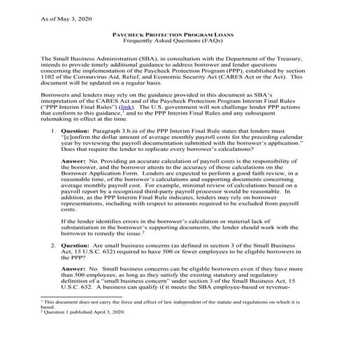SBA. Paycheck Protection Program.Frequently Asked Questions. May 3 | PDF