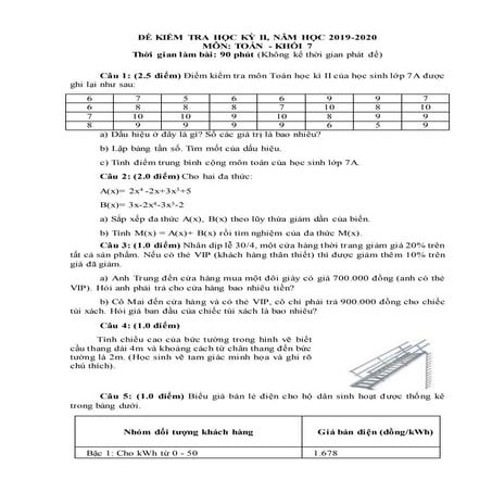 Đề Thi HK2 Toán 7 - Trung Tâm Gia Sư Việt Trí | PDF