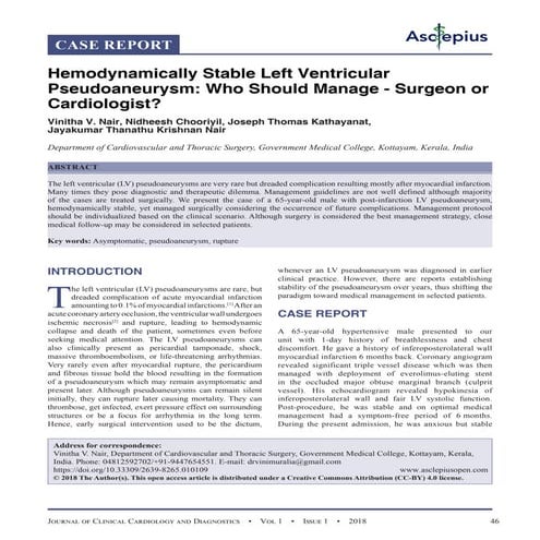 Hemodynamically Stable Left Ventricular Pseudoaneurysm: Who Should ...