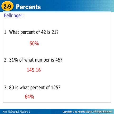 Algebra 1. Percent.decimals review. 9 | PPT