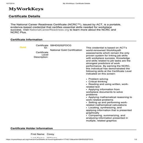 My WorkKeys_ Certificate Details | PDF