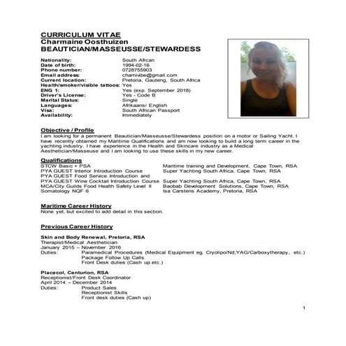 CURRICULUM VITAE | DOCX | Cruises | Travel Type