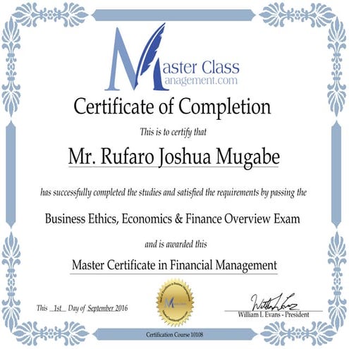 Financial Management Certificate - Mr. Rufaro Joshua Mugabe | PPT