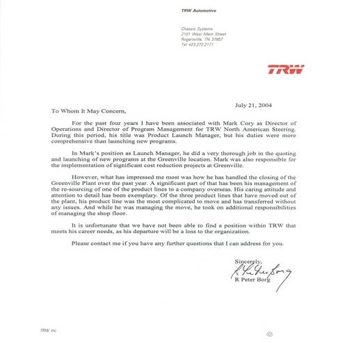 Reference Letter from Director Pete Borg | PDF