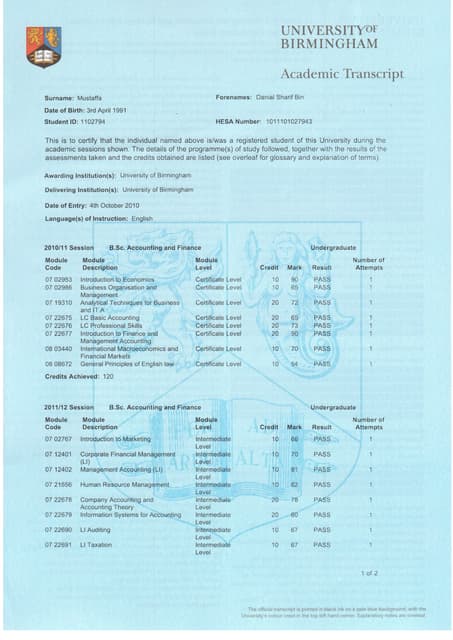 Danial Sharif - academic transcript page 2 of 2 | PDF