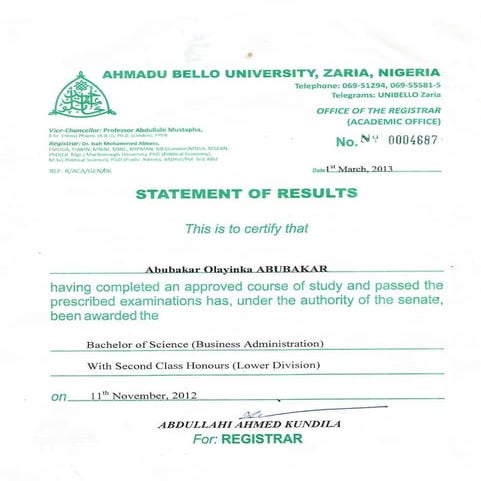 ABubakar AO ABU statement of results | PDF