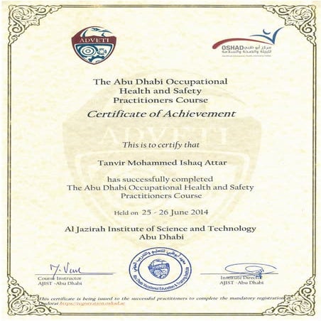 AD EHSMS Practitioners Certificate-Tanvir | PDF