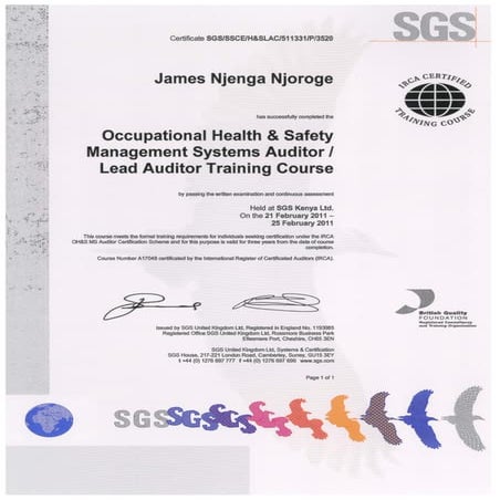 James ISO 18001 LEAD AUDITOR CERTIFICATION. | PDF