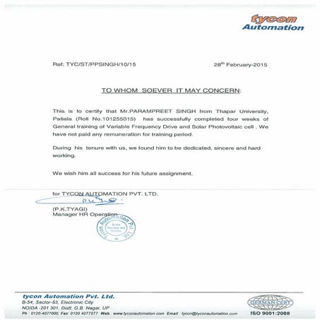 TYCON AUTOMATION TRAINING CERTIFICATE | PDF