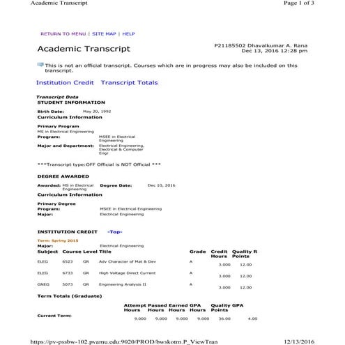DARana Master's Transcript | PDF