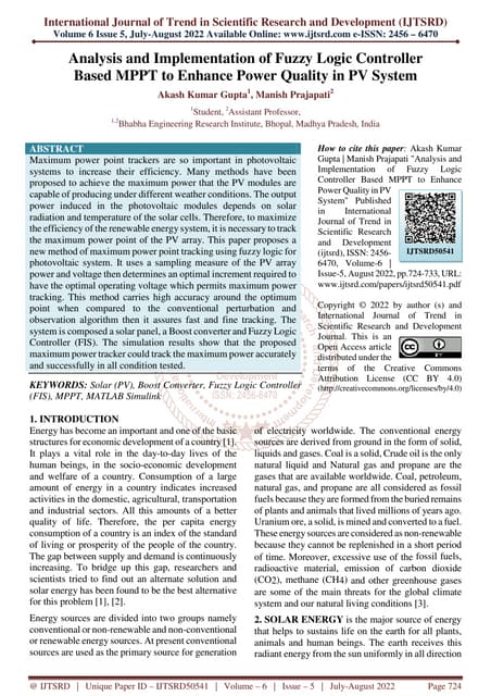 Analysis And Implementation Of Fuzzy Logic Controller Based Mppt To Enhance Power Quality In Pv