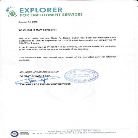 EXPLORER EMPLOYMENT CERTIFICATE | PDF