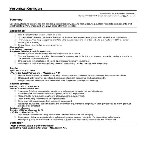 Veronica Kerrigan Resume for plating | RTF