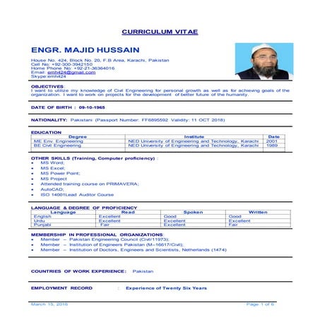CV-Engr Majid Hussain 07032016-CM | DOCX | Civil Engineering Industry | Industries
