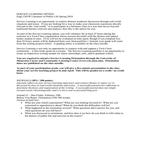 EngL1501W Spr 10 Service Learning | DOC | Educational Assessment ...
