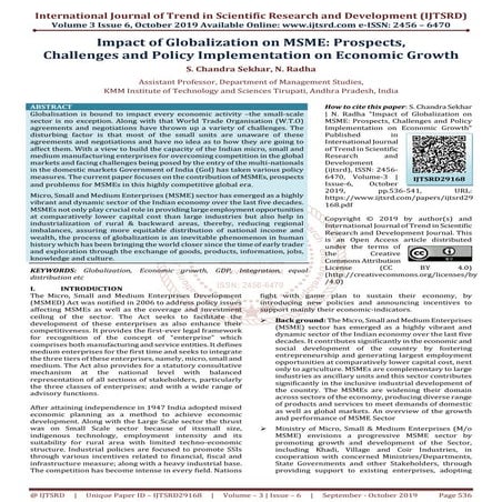 Impact of Globalization on MSME Prospects, Challenges and Policy Implementation on Economic ...