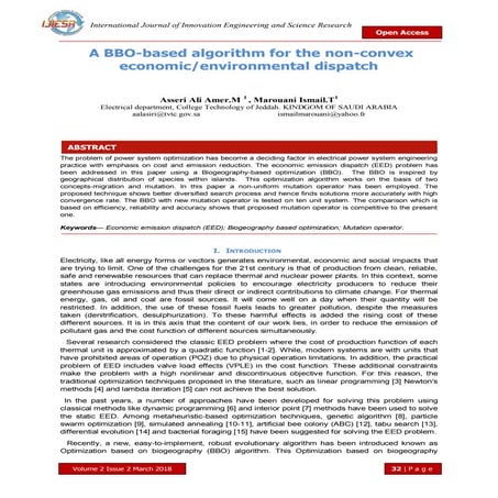 A Bbo Based Algorithm For The Non Convex Economicenvironmental Dispatch Pdf