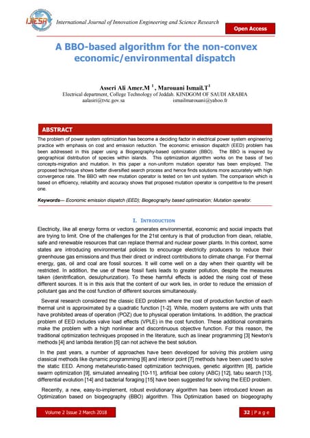A Bbo Based Algorithm For The Non Convex Economicenvironmental Dispatch Pdf