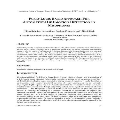 FUZZY LOGIC BASED APPROACH FOR AUTOMATION OF EMOTION DETECTION IN MISOPHONIA | PDF