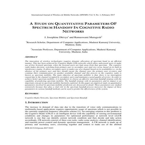 A STUDY ON QUANTITATIVE PARAMETERS OF SPECTRUM HANDOFF IN COGNITIVE RADIO NETWORKS | PDF