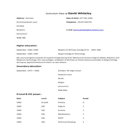 Curriculum Vitae of David Whiteley | DOCX