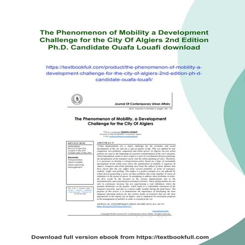 The Phenomenon of Mobility a Development Challenge for the City Of Algiers 2nd Edition Ph.D ...