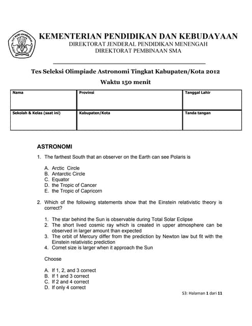 Solusi Soal Olimpiade Astronomi Tingkat Provinsi 2014 | PDF