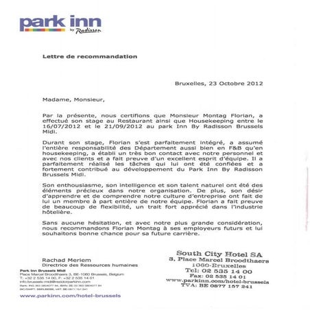 Recommendation Letter Park Inn by Radisson | PDF