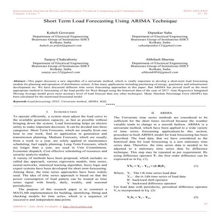 Short Term Load Forecasting Using Arima Technique Pdf