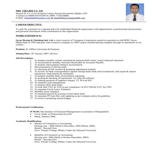 Resum of Obaidullah | DOC | Business Accounting & Finance | Business