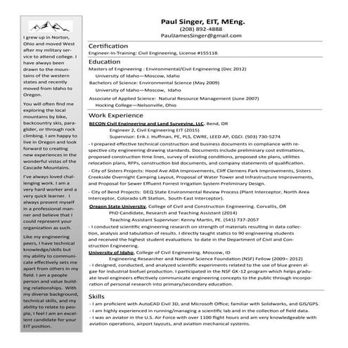 EIT Resume 3-6-15 | PDF | Civil Engineering Industry | Industries
