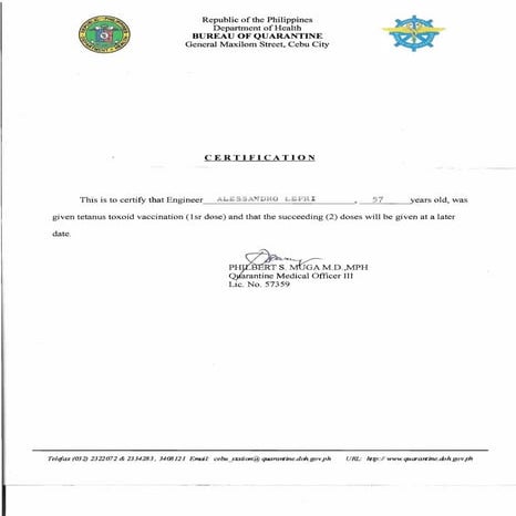 DOH TETANUS VACCINE PROPHYLAXIS CERTIFICATE 1st STAGE | PDF