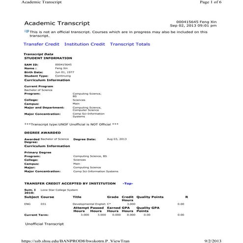 Unofficial Transcript-SHSU 2013 | PDF | Undergraduate Education ...