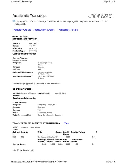 Massasoit Unoffical Transcript | PDF