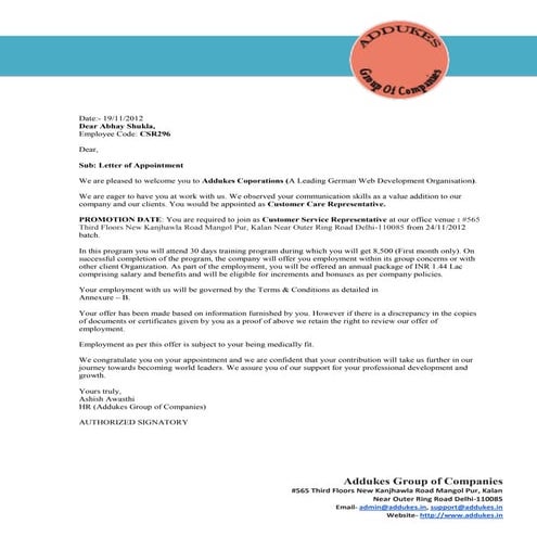 Format of appointment order | DOC