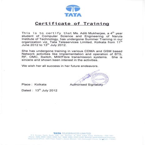 Tata Telesrevices Ltd Certificate | PDF