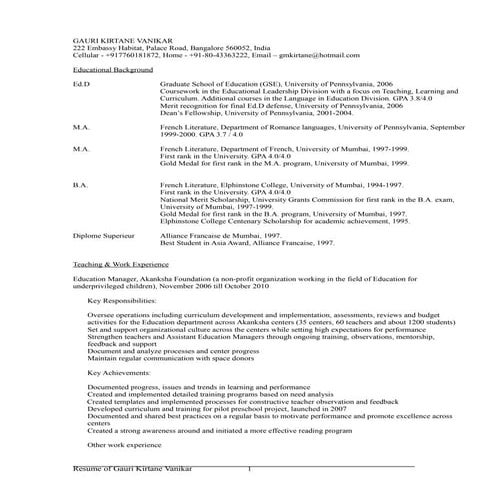 Gauri_Final Resume_August2015 | DOC | Professional School | Postgraduate Education