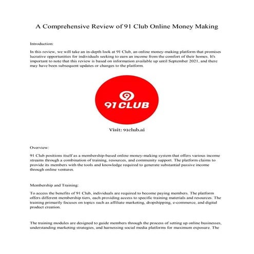 A Comprehensive Review of 91 Club Online Money Making | PDF
