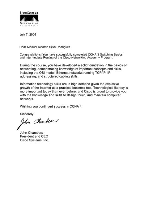 Letter of Appreciation : CCNA Routing and Switching : Introduction to Networks | PDF