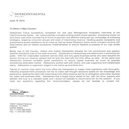 Recommendation letter Intercontinental | PDF