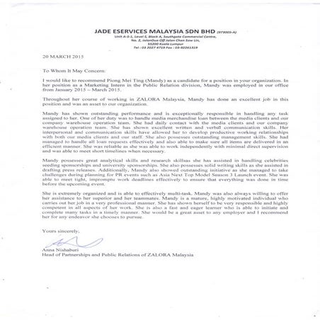 ZALORA Group Recommendation letter for Mandy | PDF