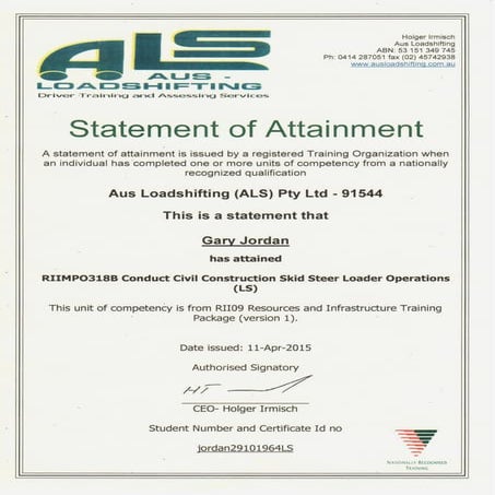 Statement of Attainment Skid Steer | PDF