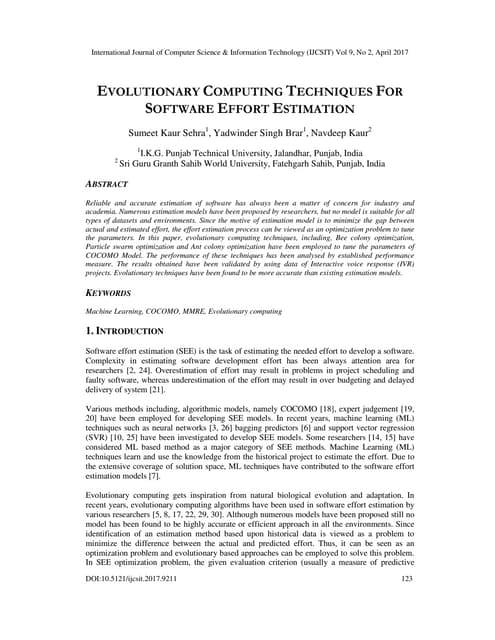 Evolutionary Computing Techniques For Software Effort Estimation Pdf