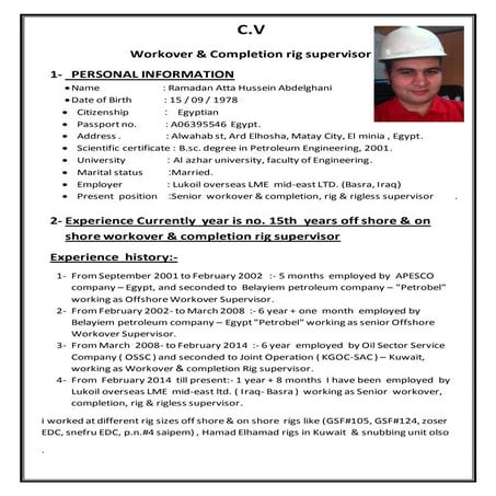 CV Ramadan Workover & Completion rig supervisor (2015) | DOCX